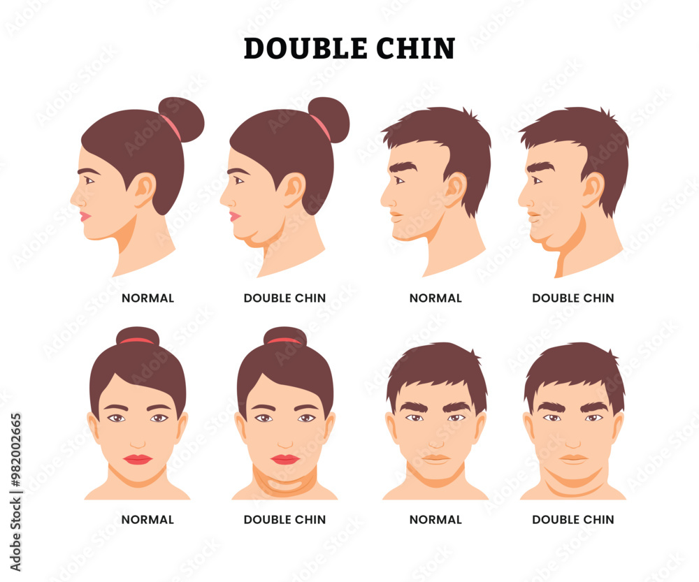 Set different types of double chin collection with various angle, side and front view, chubby ...