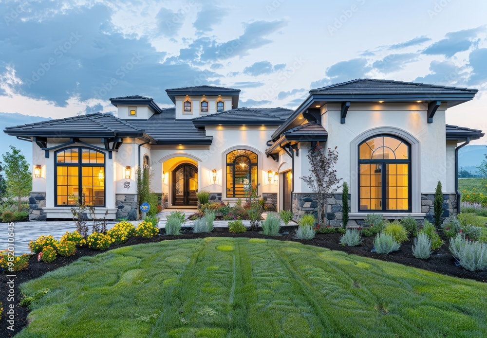 A luxury home in the Pacific Northwest, an exterior shot at blue hour ...
