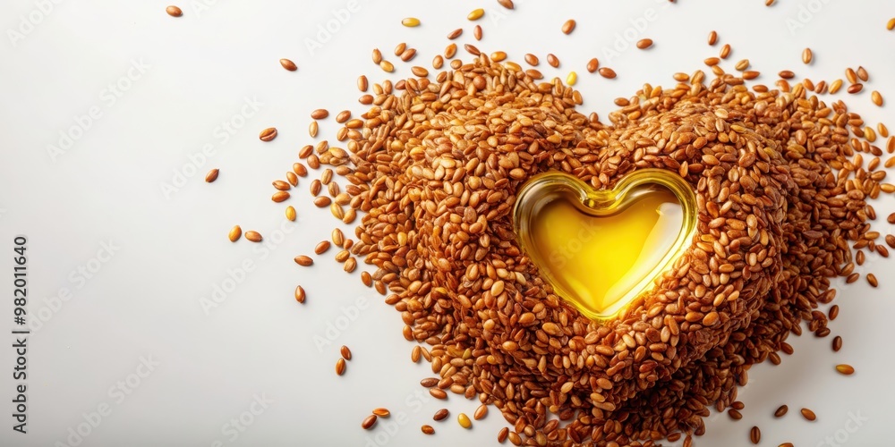 Heart shape made of flaxseed oil splashes and seeds on a light background, flaxseed, oil, heart ...
