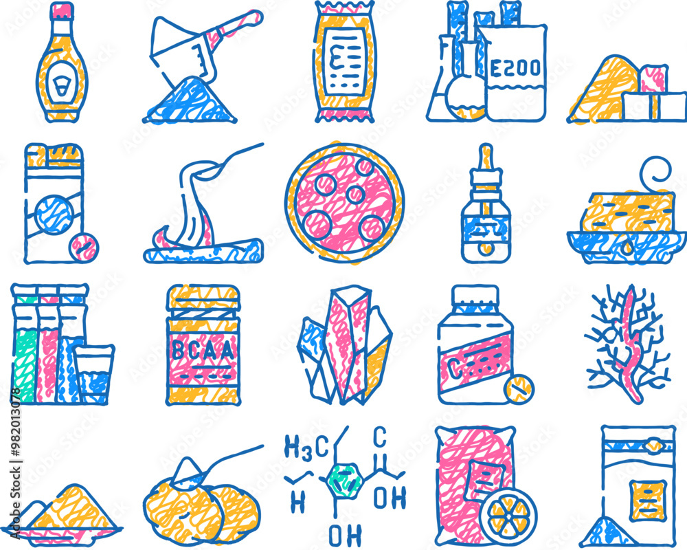 food additives formula doodle icons set vector. sketch line art corn ...