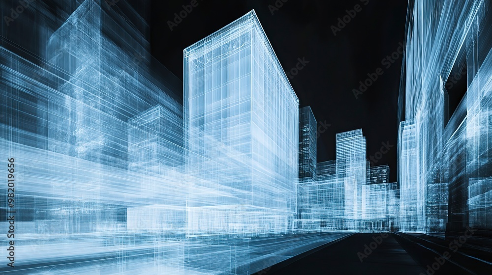 X-ray style city architecture in light blue and white, showcasing ...