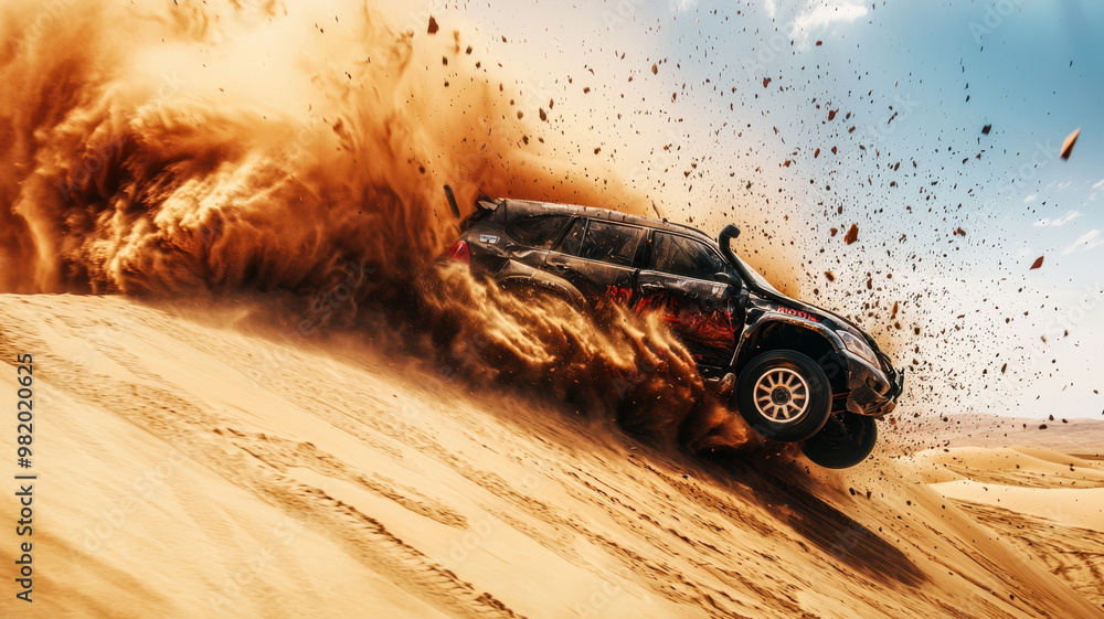 High contrast photo capturing dramatic Dakar Rally scene with car ...