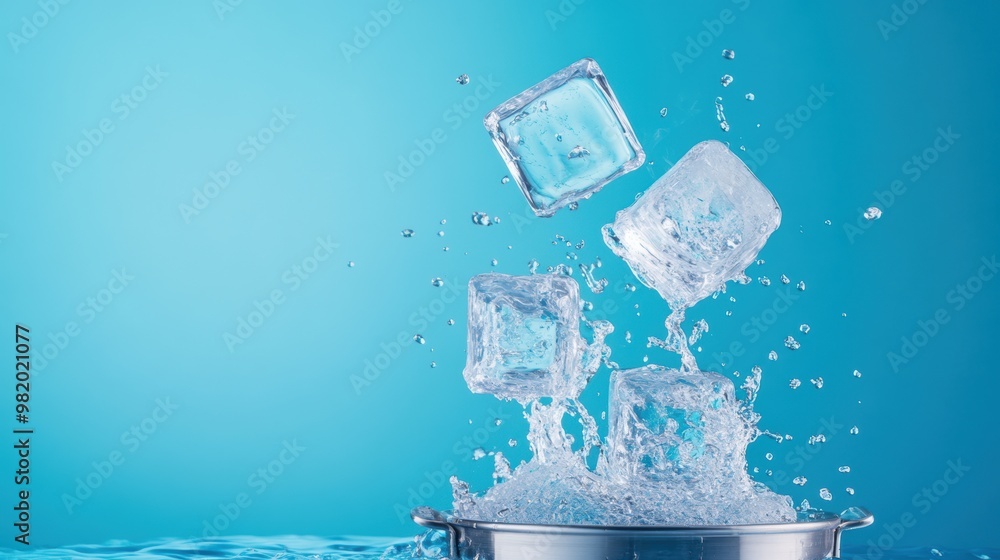 A still life composition featuring ice cubes, liquid water, and steam ...