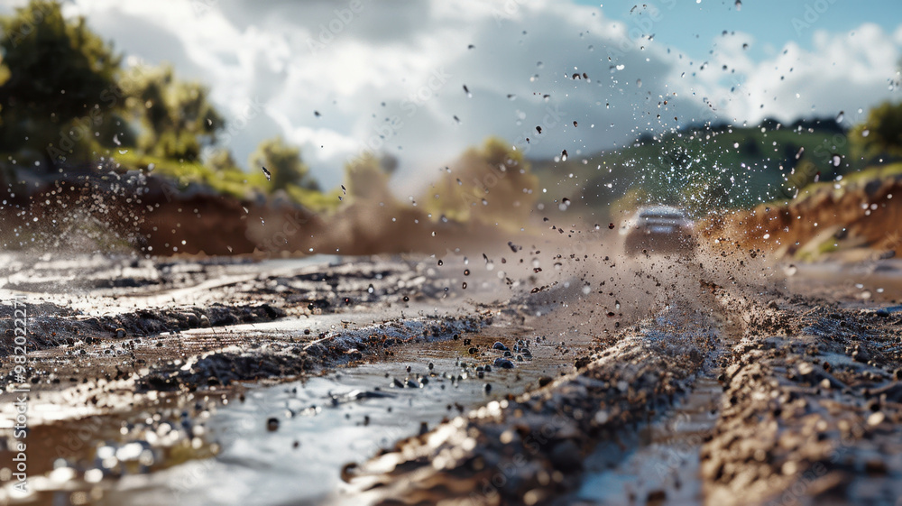 Wet and muddy Dakar Rally track with large puddles and splashes creates ...