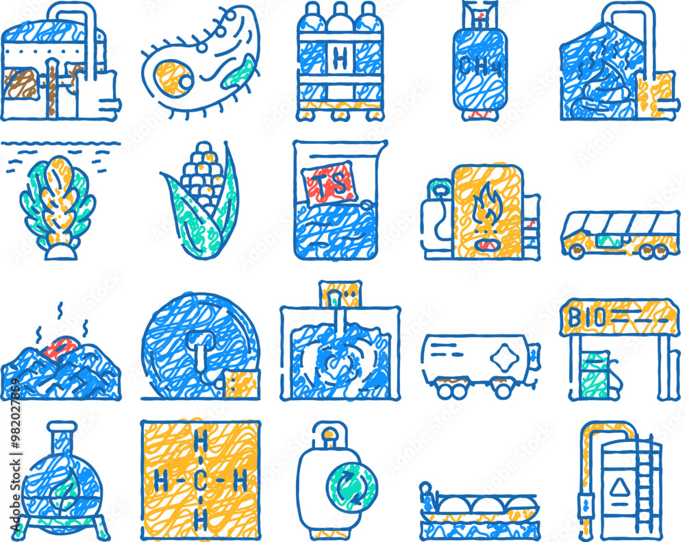 biogas energy fuel doodle icons set vector. sketch line art biogas ...