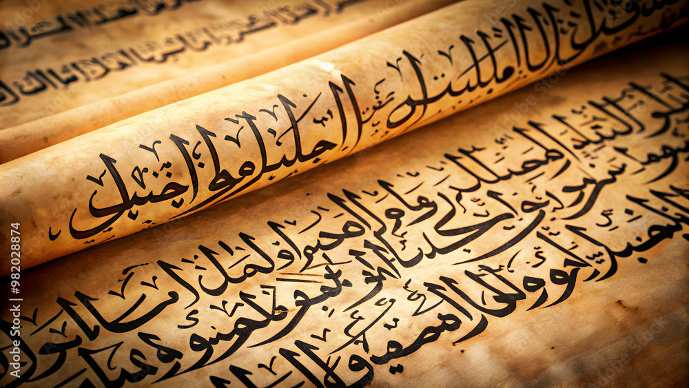 Arabic message written on a vintage parchment scroll, Arabic, message ...