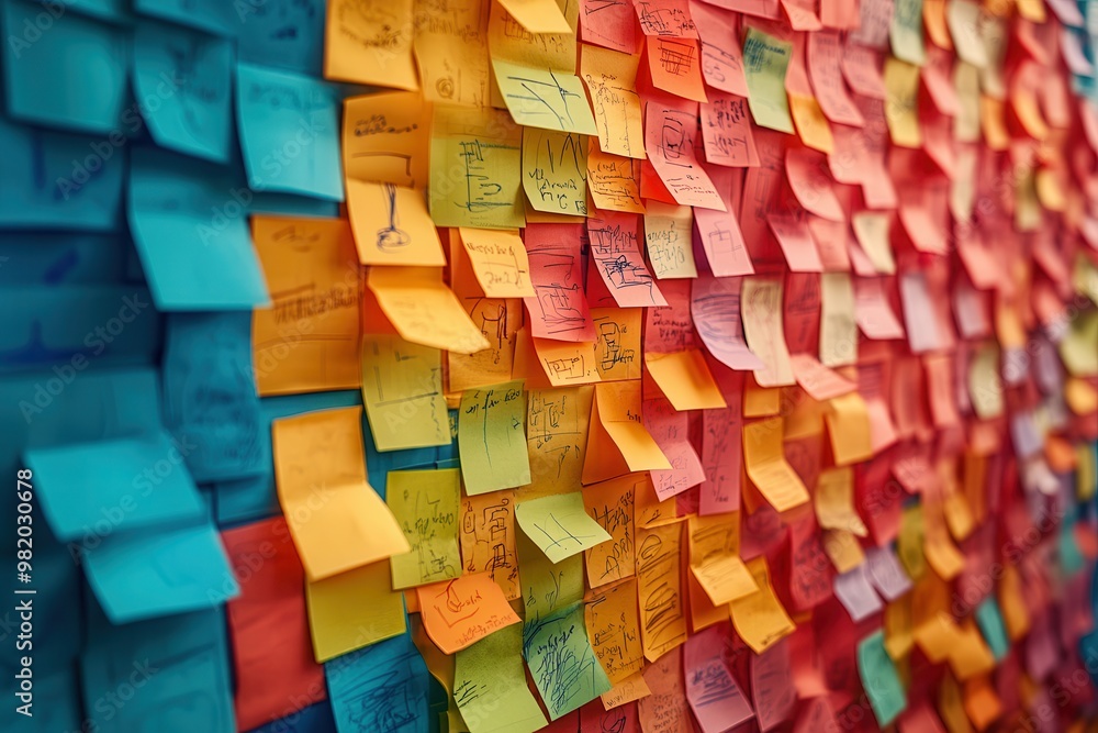 Colorful wall filled with sticky notes containing various handwritten ...