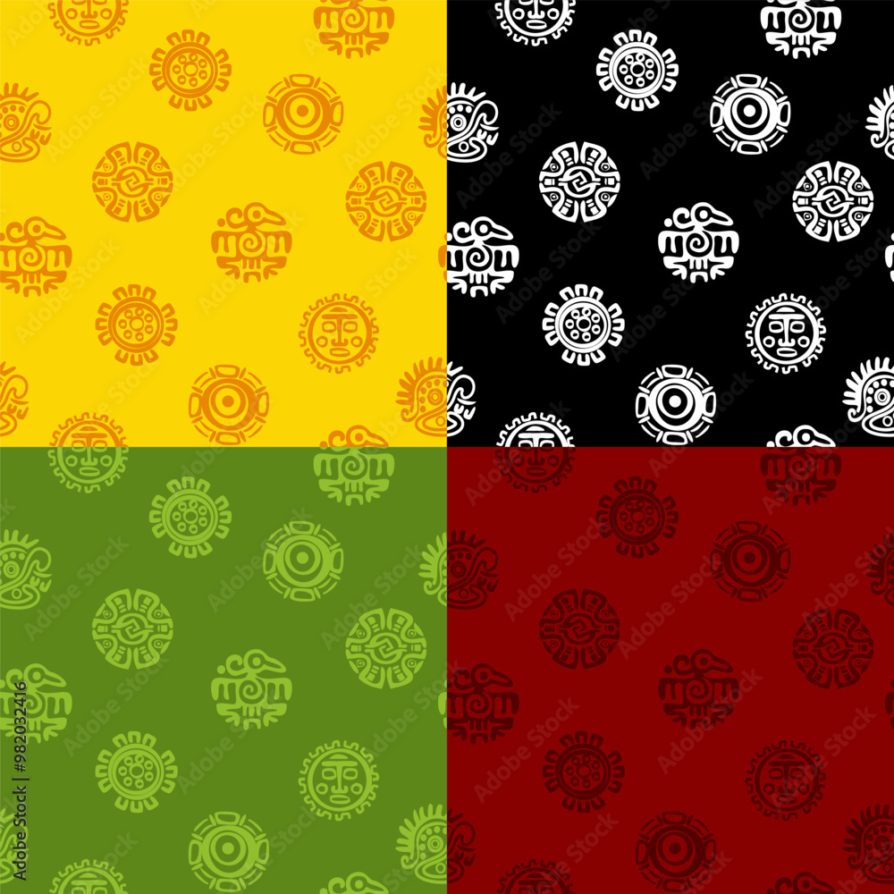 Seamless patterns with Maya or Aztec hieroglyphs. Set of Seamless ...
