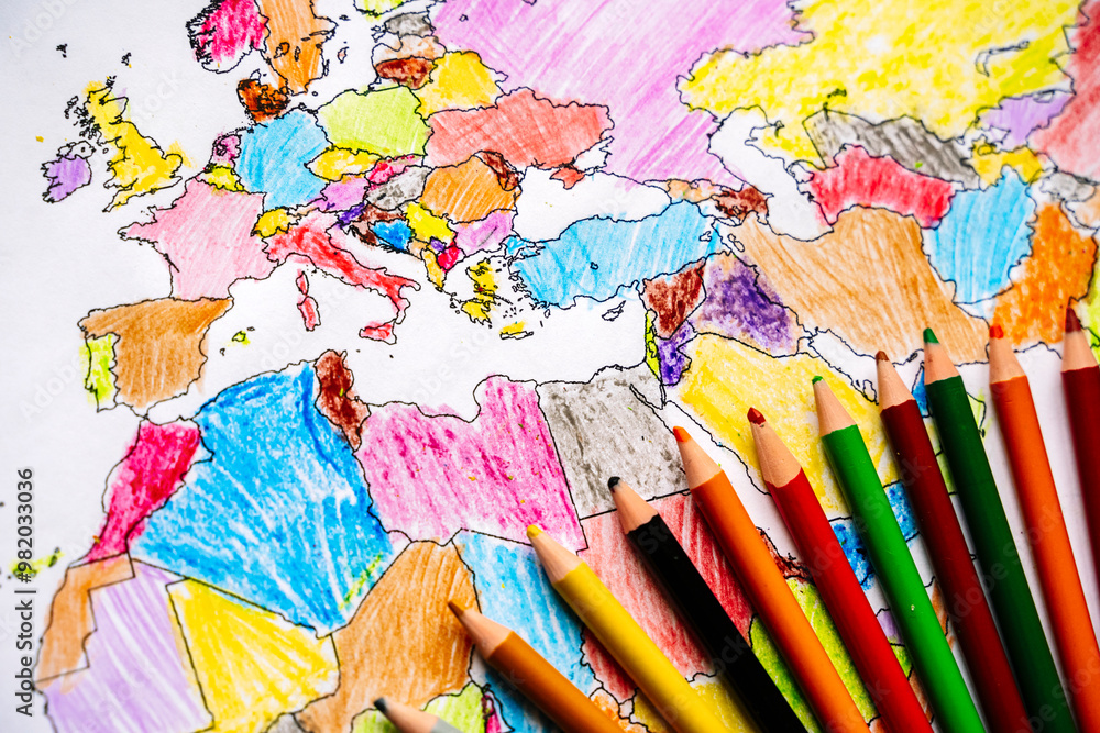 Color drawing world map with colored pencils for children and kids ...