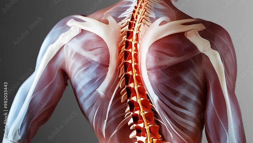A surface anatomy of the back, highlighting the muscles and spine under ...