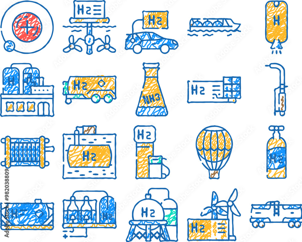 hydrogen energy gas doodle icons set vector. sketch line art hydrogen ...