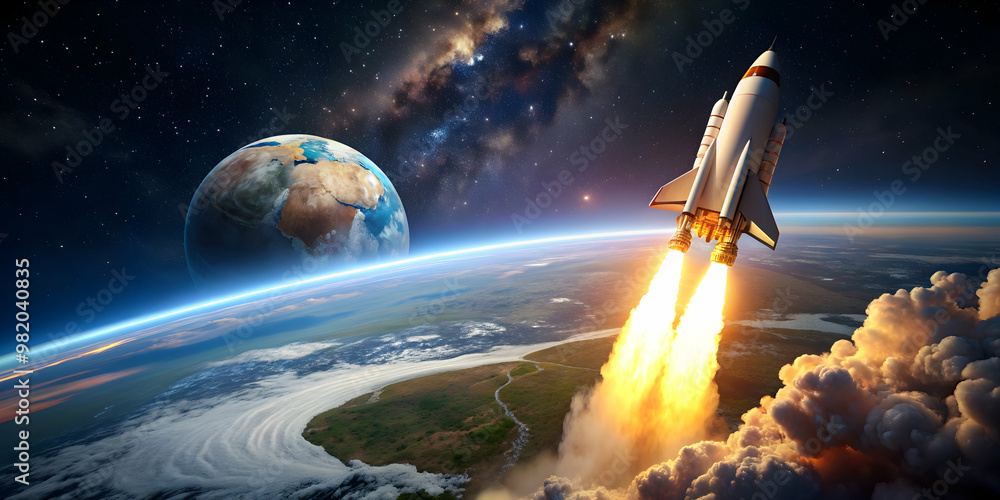 Rocket flying into space with Earth visible in the background, rocket ...
