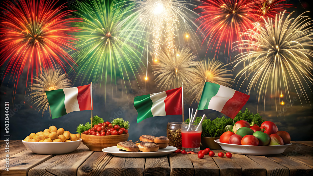 Buon Ferragosto celebration with Italian flags, fireworks, and ...