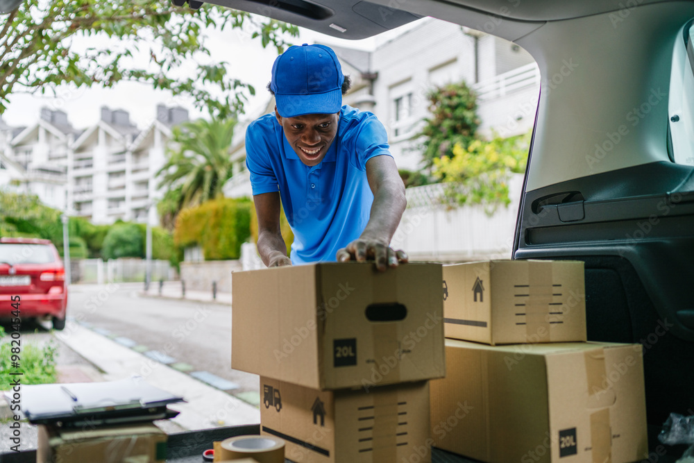 Smiling delivery man arranging packages in the trunk of his car. Stock ...