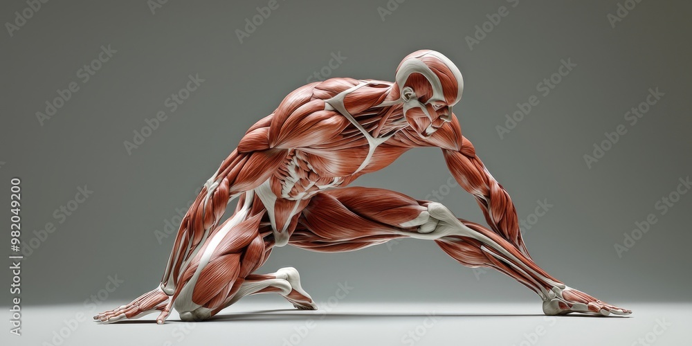 A 3D rendering of a human figure with the muscles exposed, posed in an ...