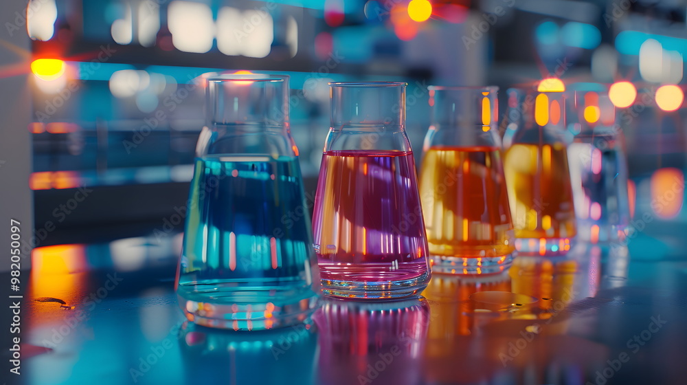 Close-up of glass beakers filled with colorful chemical solutions on a ...