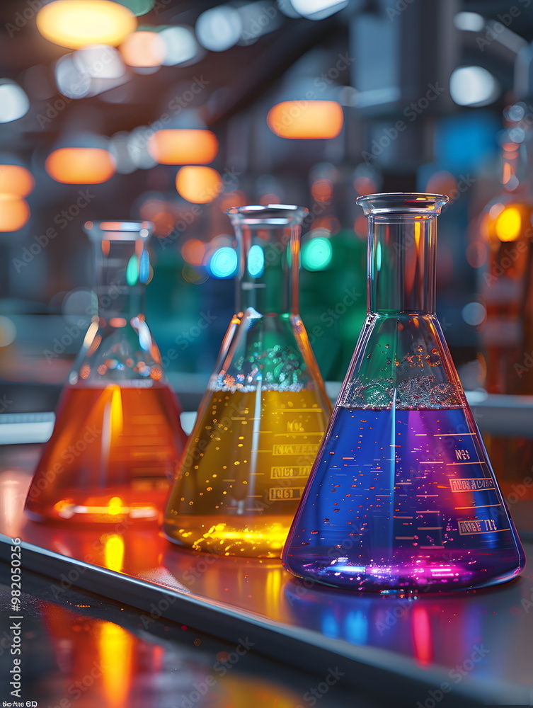Close-up of glass beakers filled with colorful chemical solutions on a ...