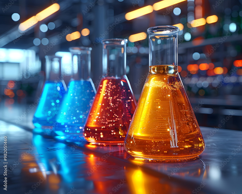 Close-up of glass beakers filled with colorful chemical solutions on a ...