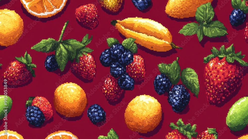 Pixel fruit icon set for games or mobile apps on color background ...