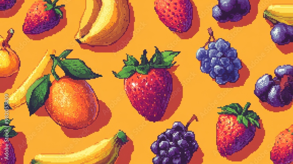 ภาพประกอบสต็อก Pixel fruit icon set for games or mobile apps on color ...