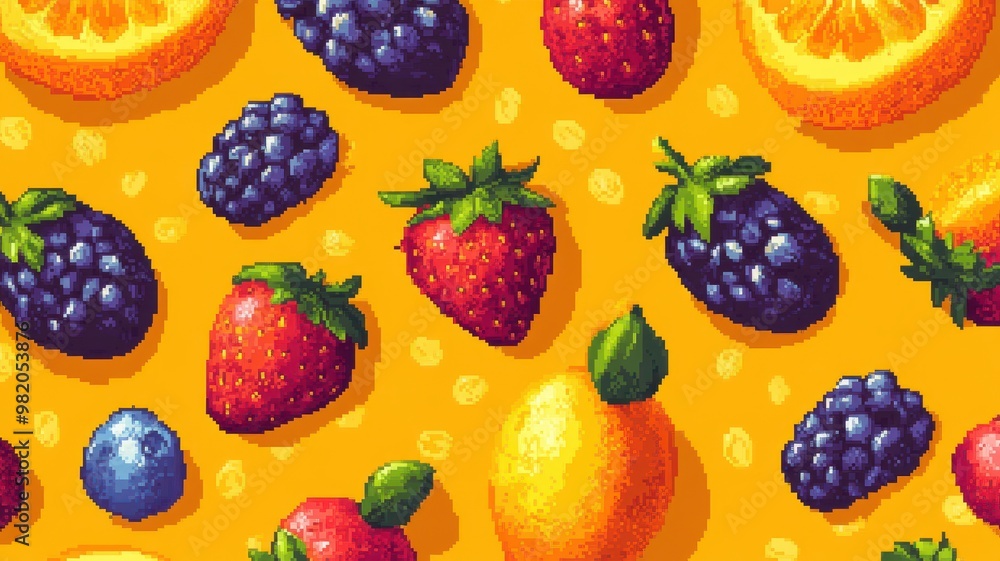 Pixel fruit icon set for games or mobile apps on color background ...