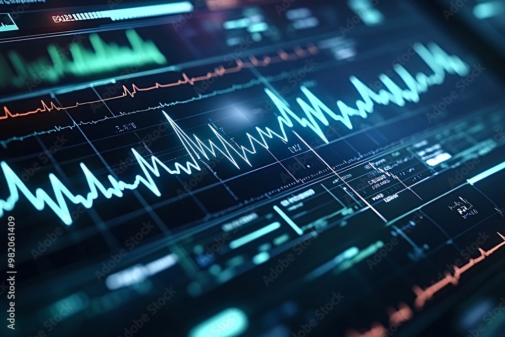 Blue and green ekg readings are displayed on a dark screen showing a ...