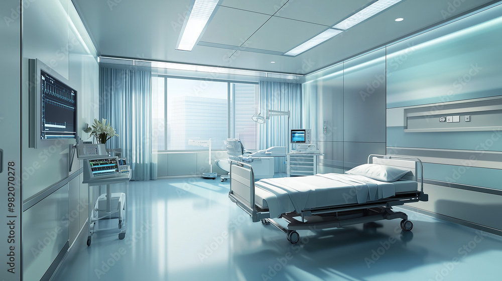 Modern Hospital Room: A sterile and bright, modern hospital room with a ...