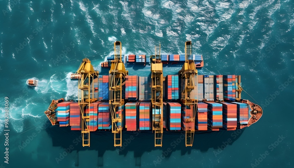 Aerial perspective of container ship operations, loading and unloading ...