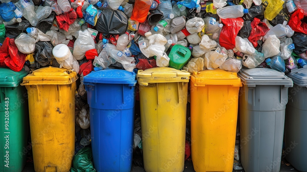 Colorful Recycling Bins with Overflowing Plastic Waste. Row of colorful ...