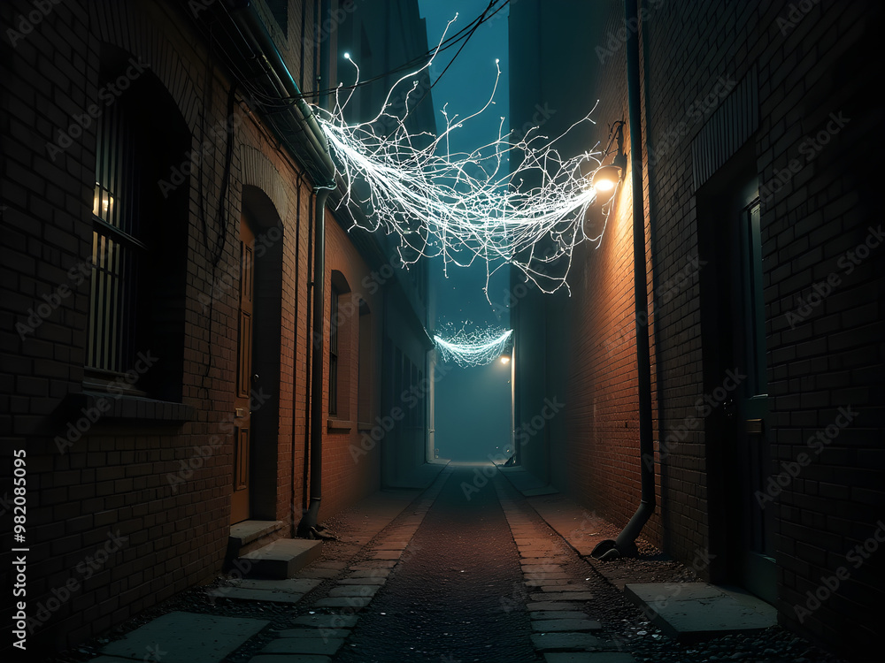 Moody Atmospheric Alleyway with Warm Street Lights, Textured Brick ...