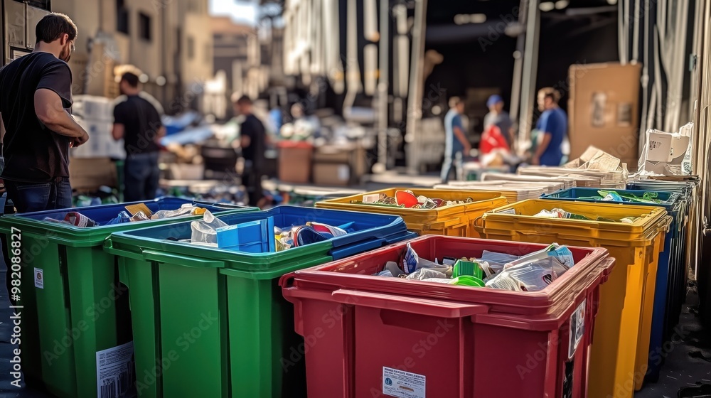 Colorful Recycling Bins in Urban Alley. Color-coded recycling bins filled with various types of ...