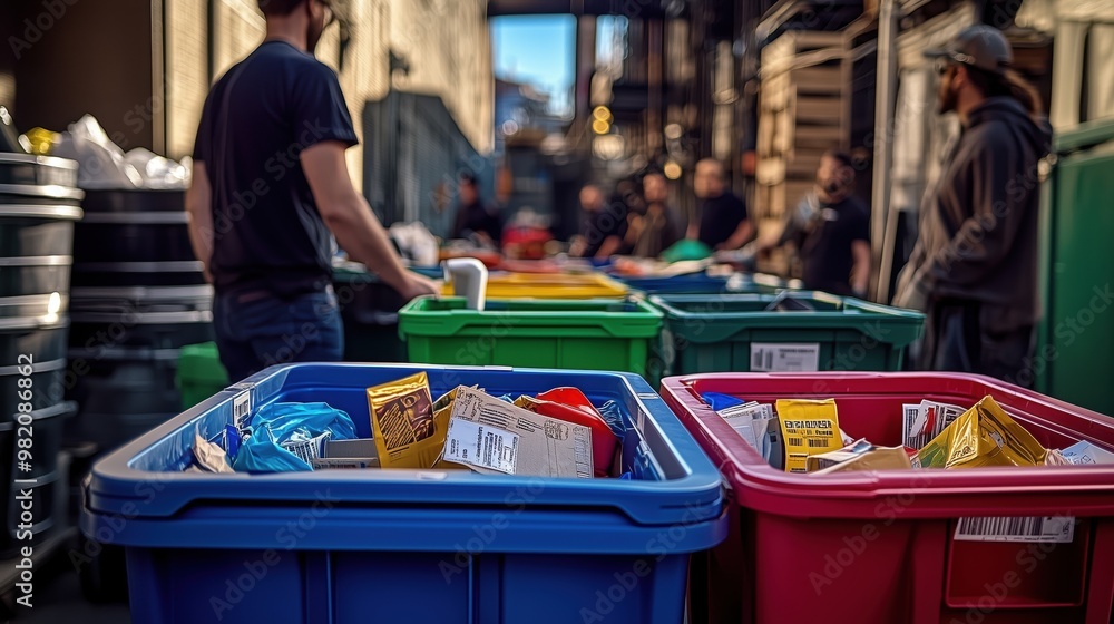 Recyclable Waste Bins in Busy City Alleyway. Multiple recycling bins ...