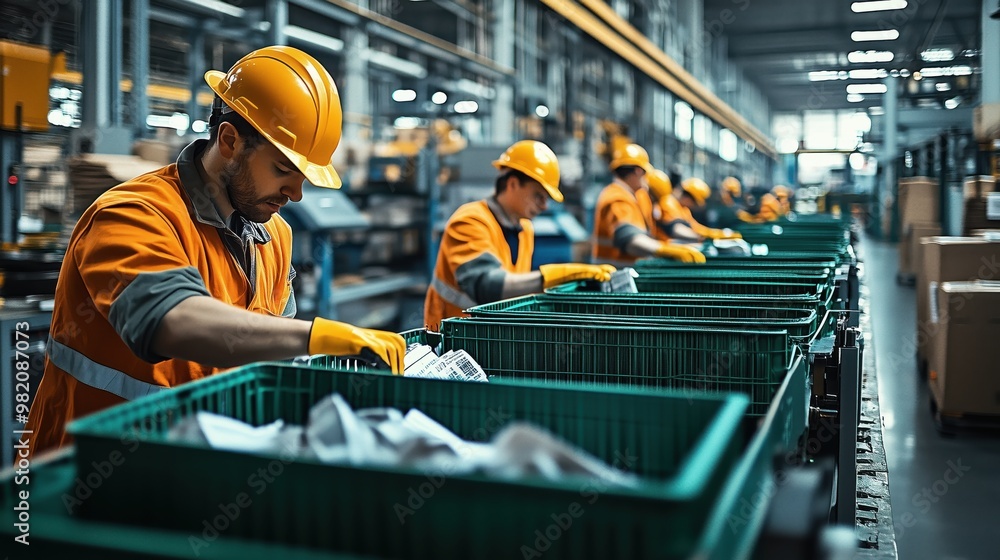 Recycling Workers Sorting Materials on Assembly Line. Recycling workers ...