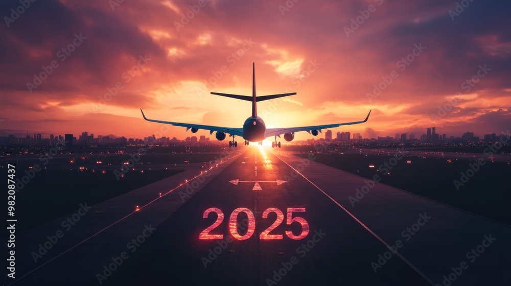 An airplane is landing on a runway lit with lights and the year 2025 ...