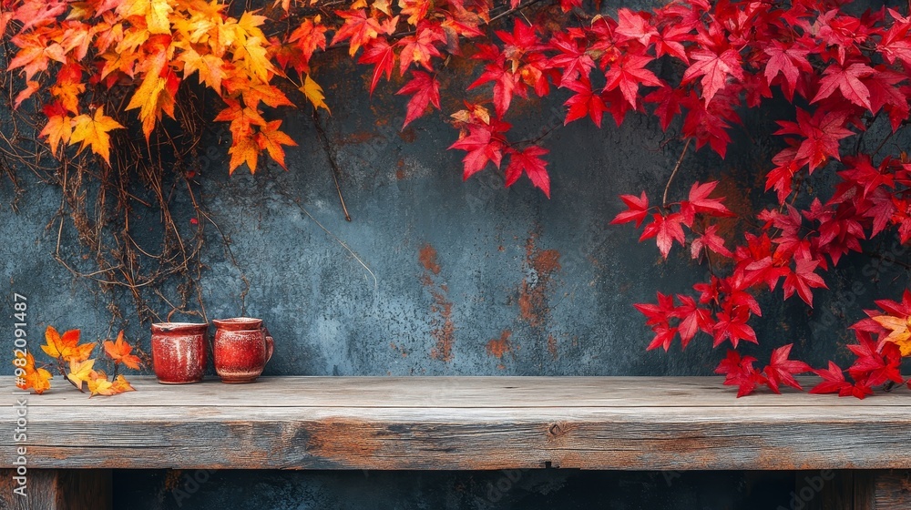 Rustic wooden counter with vivid crimson Japanese maple tree garden in ...