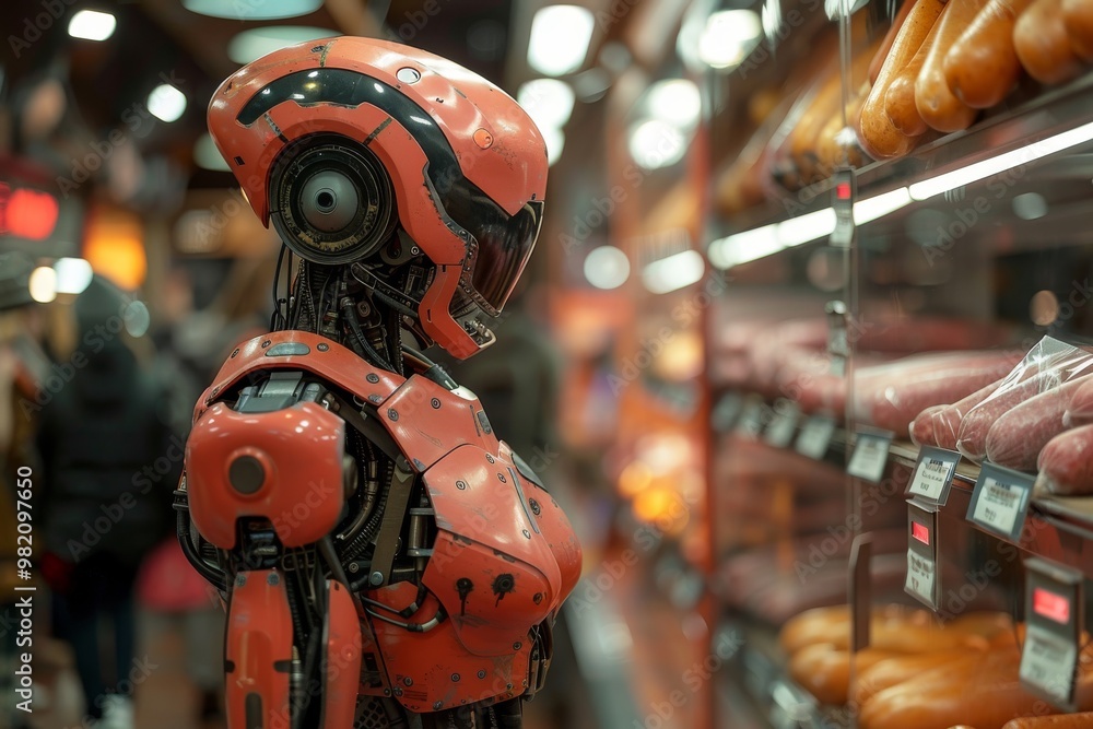 sausage department in a store or sausage factory and AI robot ...