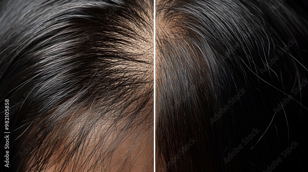Close-up comparison of scalp before starting hair loss treatment and ...