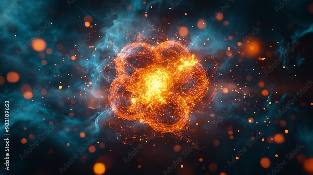 Energy release from nuclear fission, with particles breaking apart and ...