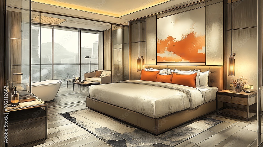Interior sketch of a luxury hotel suite with a spacious king-size bed ...