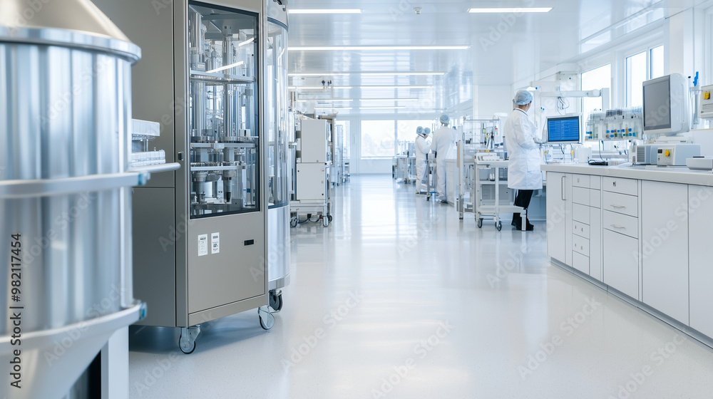 clean, high-tech biotechnology lab featuring bioprocessing systems. The ...