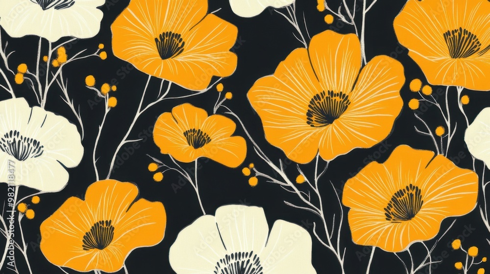 A modern wallpaper design with stylized marigold flowers in a ...
