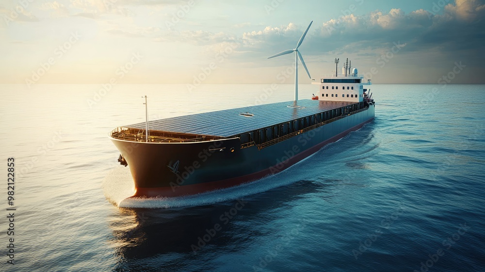Hybrid cargo ship with solar panels and wind turbines, cruising through ...