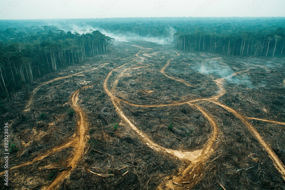 Aerial view of deforestation in the Amazon rainforest, with large areas ...