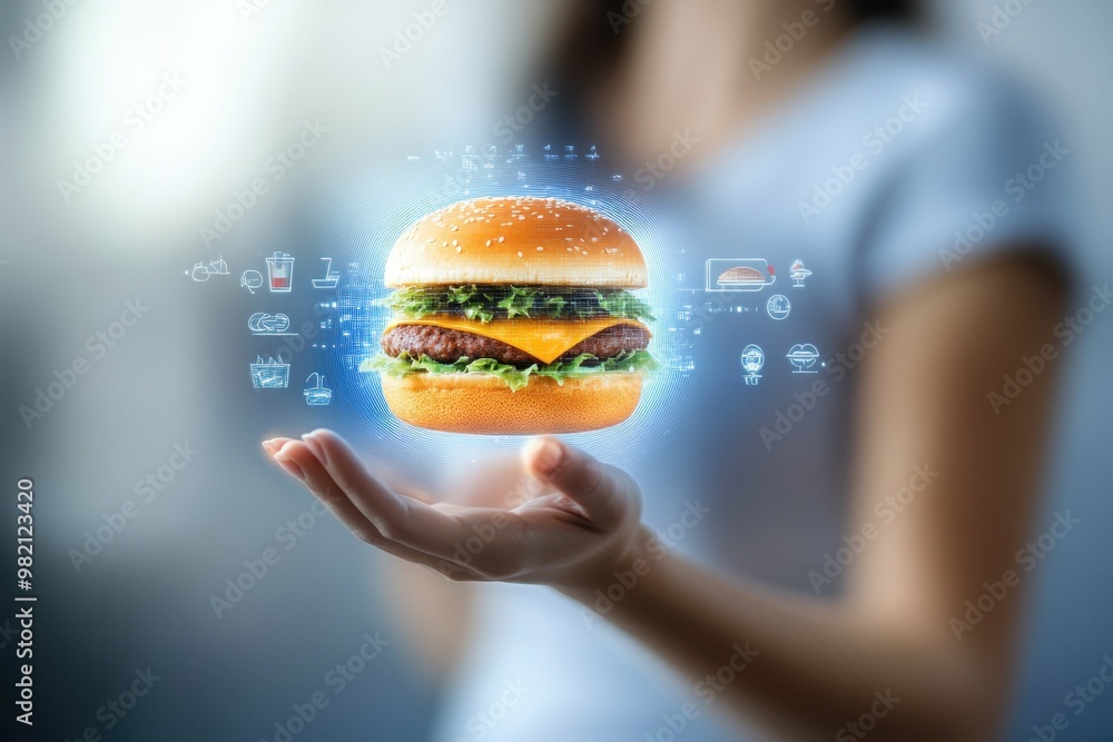 Hologram of a burger from fast food industry in womans hands Stock ...