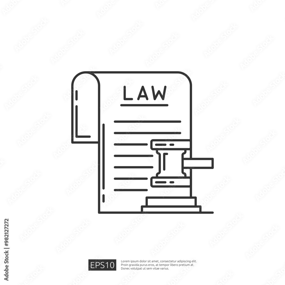 Law icon illustration. Vector graphic of a gavel on a document with the ...