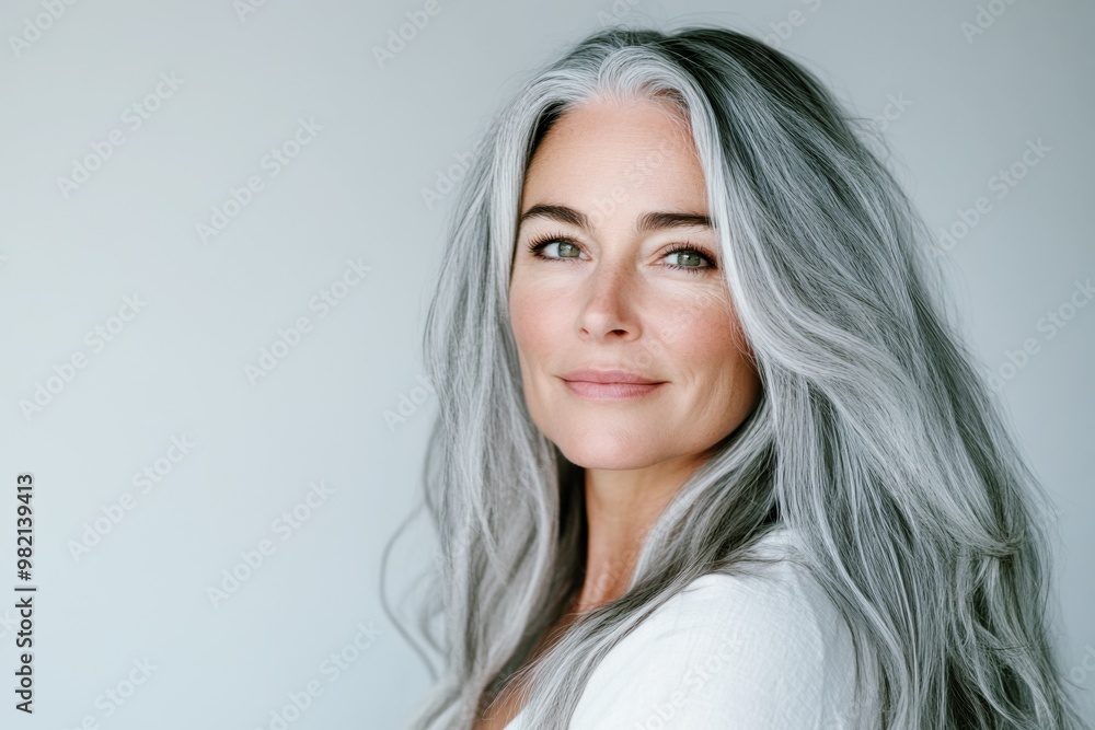 mature aging women over 50 with long gray hair smiling confidently ...