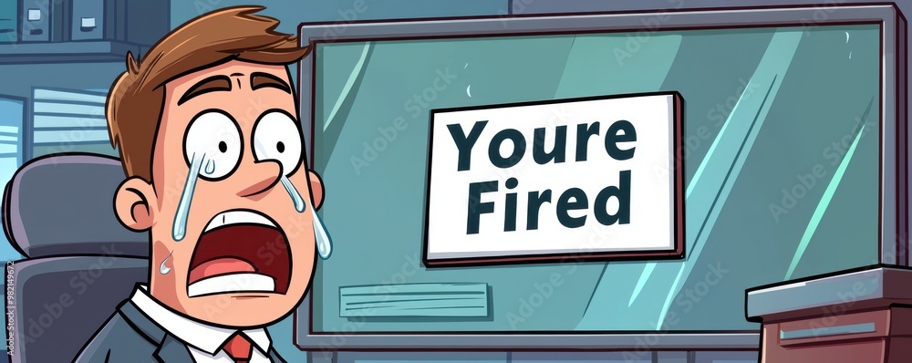 A cartoon depicts a shocked man in an office, crying after seeing a ...