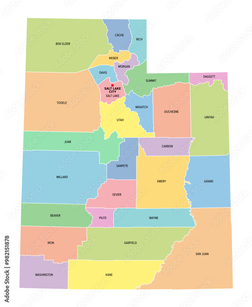Utah, U.S. state, subdivided into 29 counties, multi colored political ...