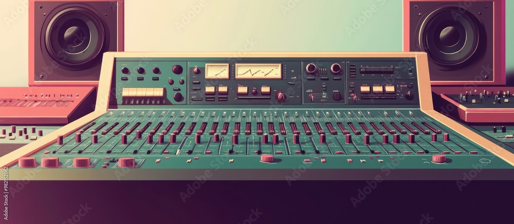 Analog mixing console in a vintage music studio with faders and buttons ...