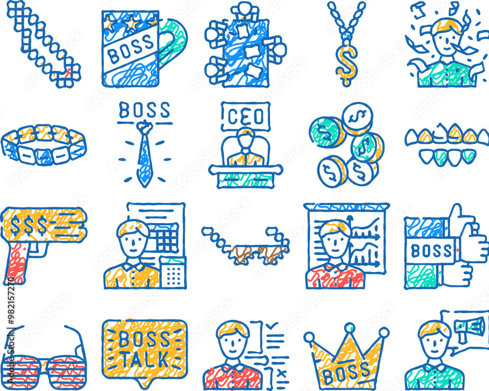 boss leader businessman accessory doodle icons set vector. sketch line ...